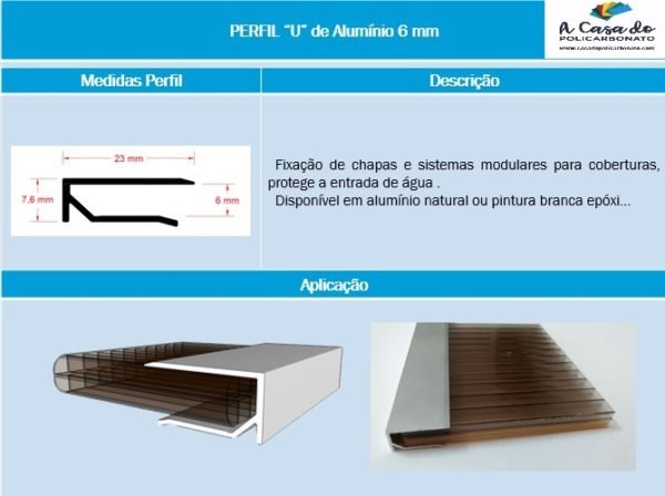 Perfil U de aluminio 6mm - Pingadeira - Vegas Comercial